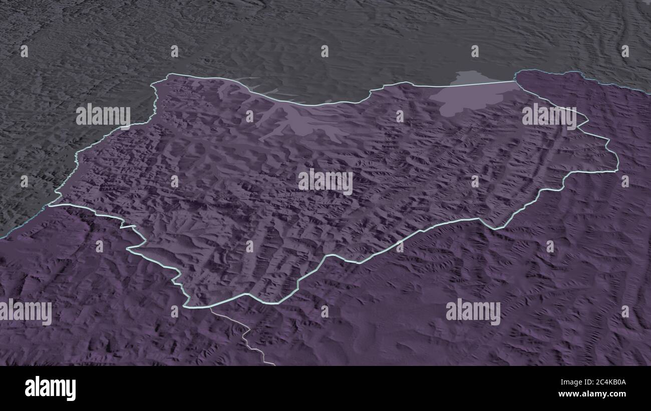 Zoom in on Kirundo (province of Burundi) outlined. Oblique perspective ...