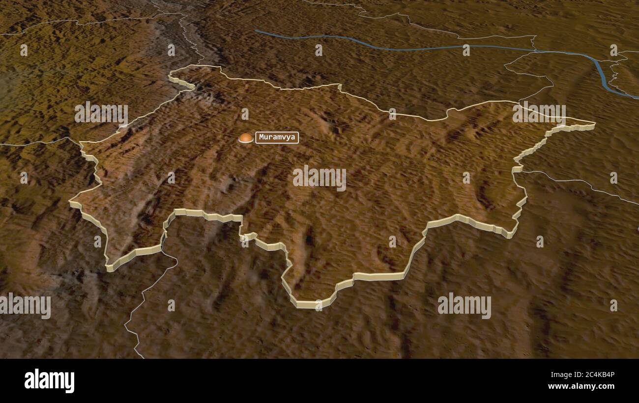 Zoom in on Muramvya (province of Burundi) extruded. Oblique perspective ...