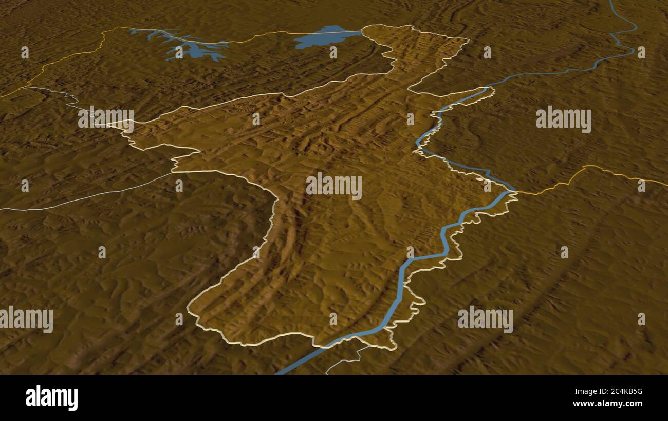 Zoom in on Muyinga (province of Burundi) outlined. Oblique perspective ...