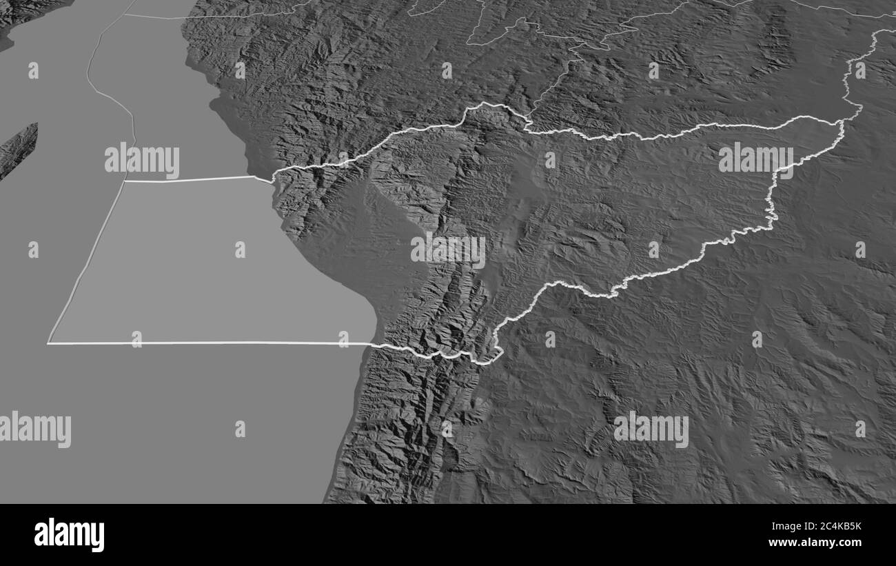 Zoom in on Makamba (province of Burundi) outlined. Oblique perspective ...