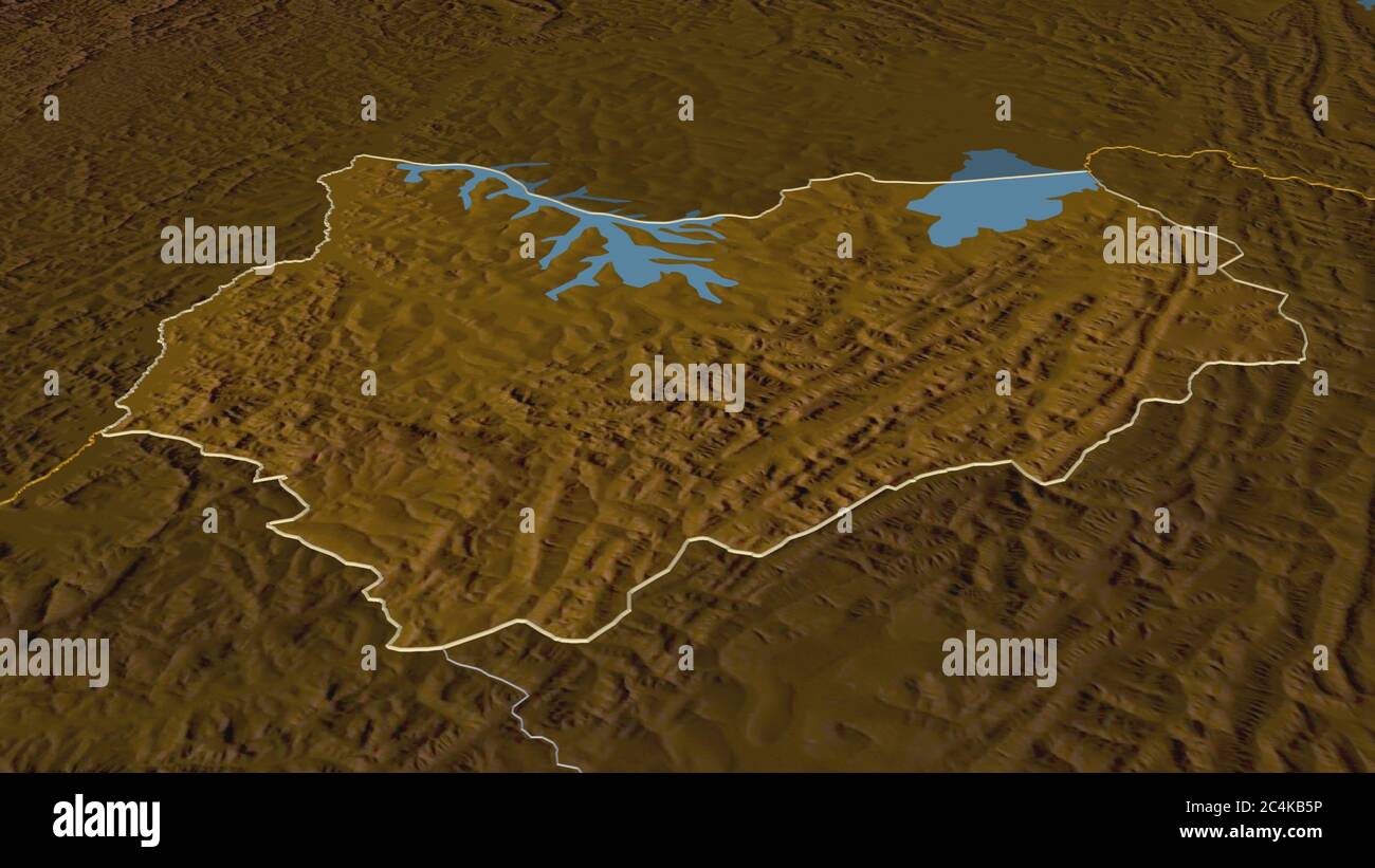 Zoom in on Kirundo (province of Burundi) outlined. Oblique perspective ...