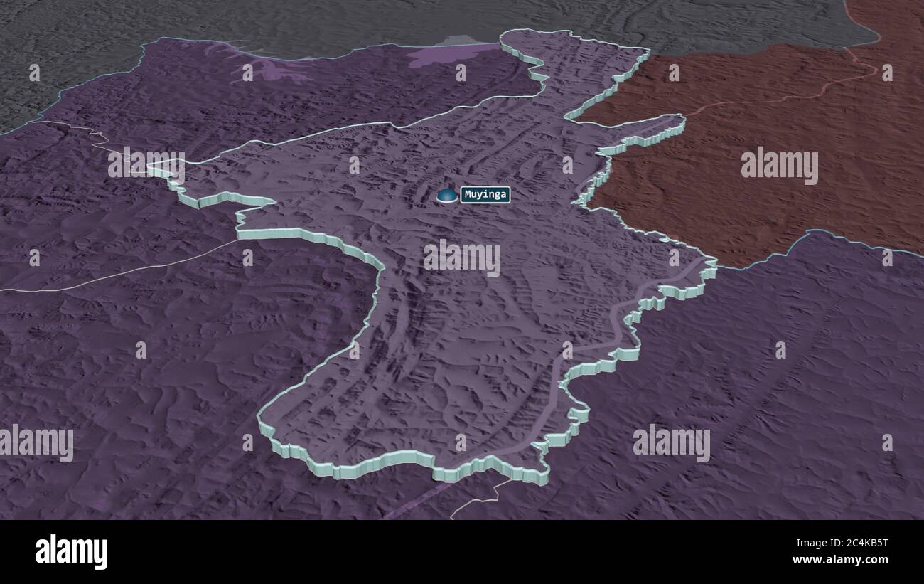 Zoom in on Muyinga (province of Burundi) extruded. Oblique perspective ...