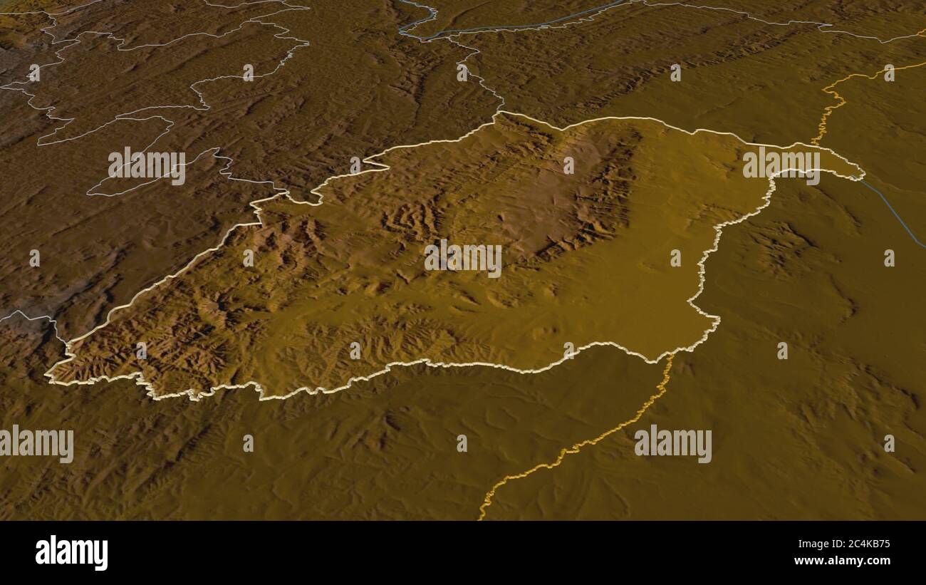 Zoom in on Rutana (province of Burundi) outlined. Oblique perspective ...