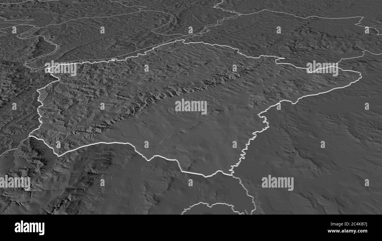 Zoom in on Ruyigi (province of Burundi) outlined. Oblique perspective ...