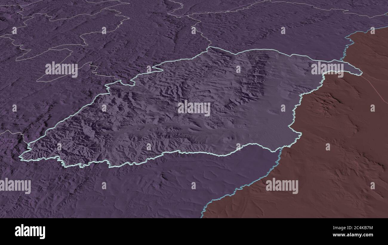 Zoom in on Rutana (province of Burundi) outlined. Oblique perspective ...