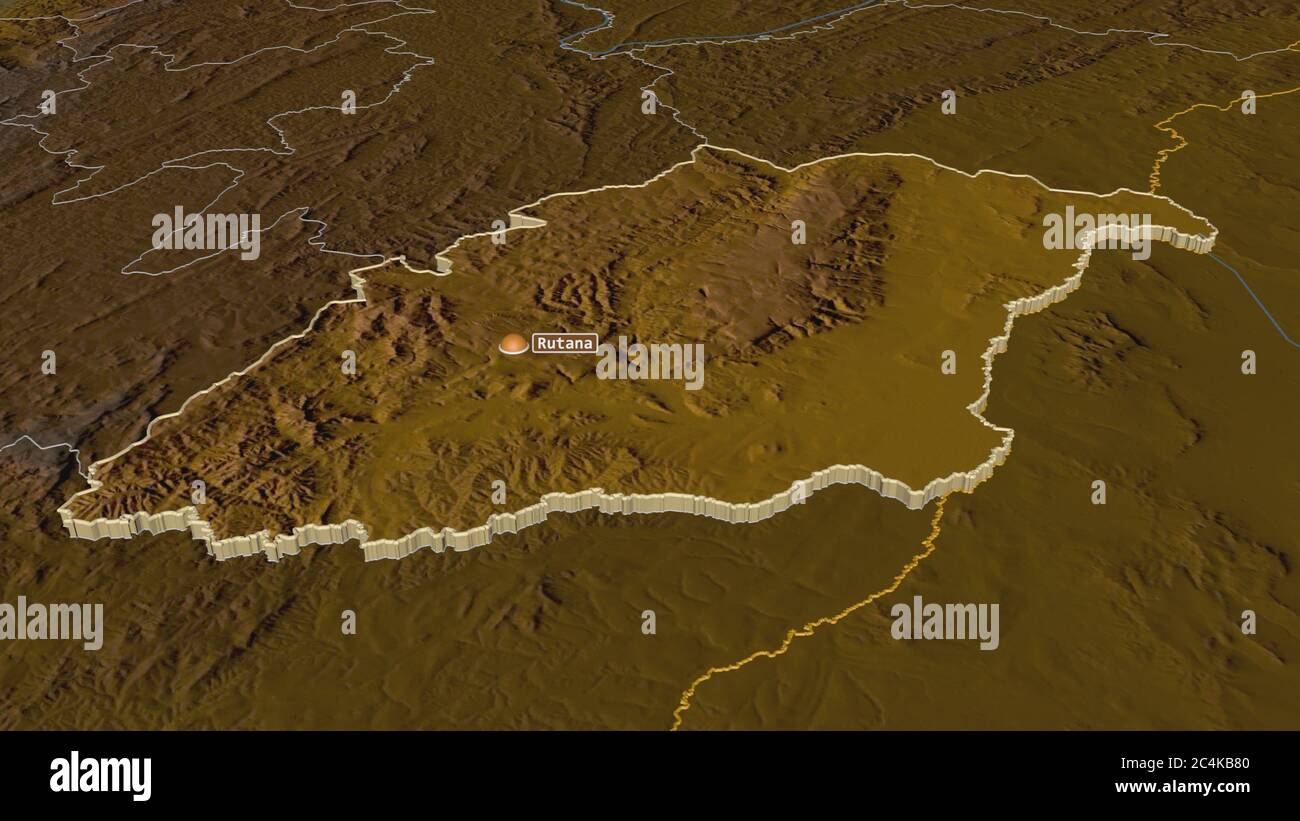 Zoom in on Rutana (province of Burundi) extruded. Oblique perspective ...