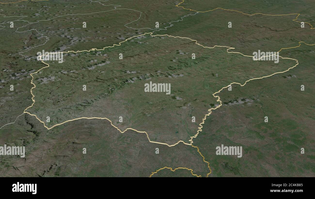 Zoom in on Ruyigi (province of Burundi) outlined. Oblique perspective ...