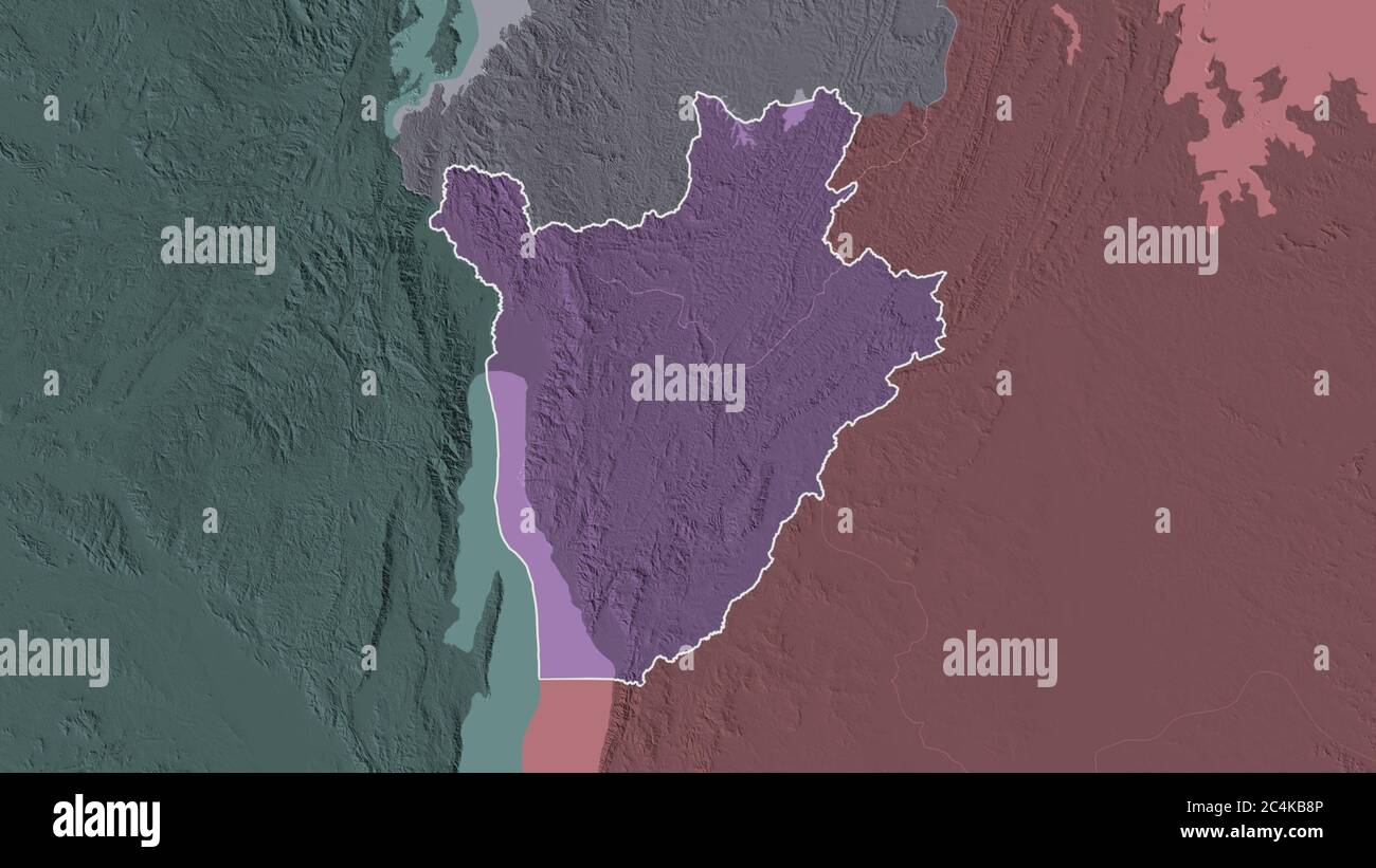 Outlined shape of the Burundi area. Colored and bumped map of the ...