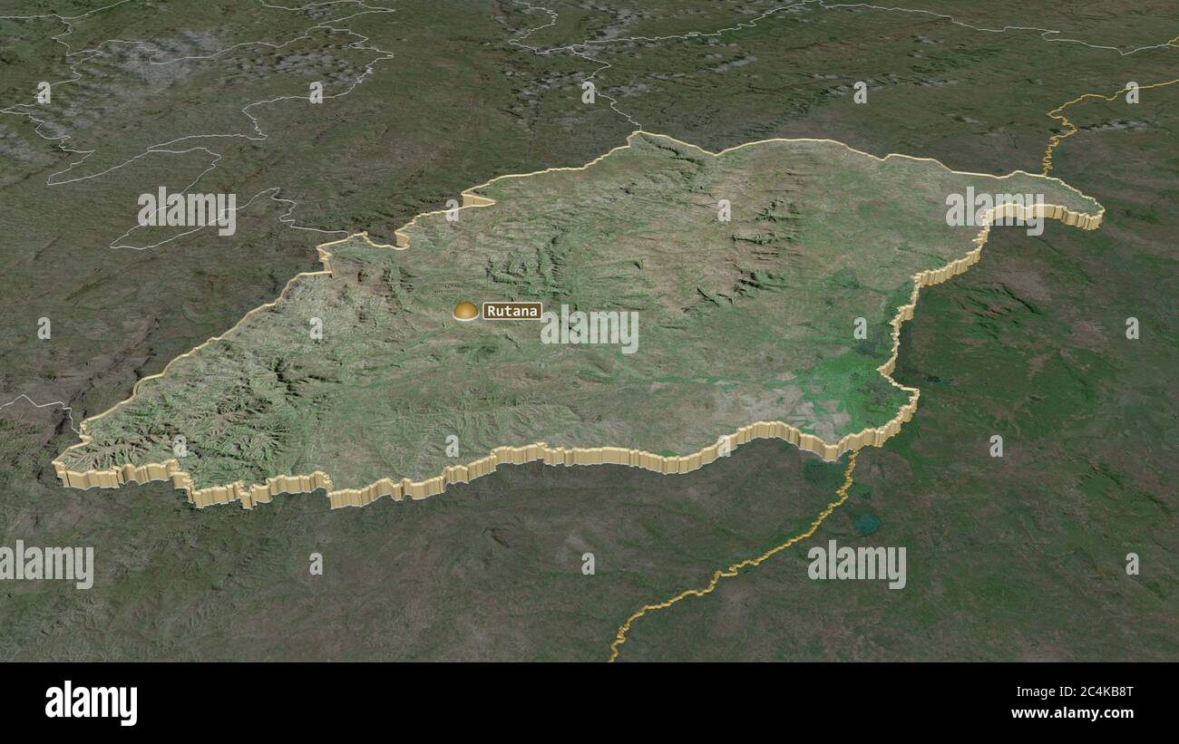 Zoom in on Rutana (province of Burundi) extruded. Oblique perspective ...