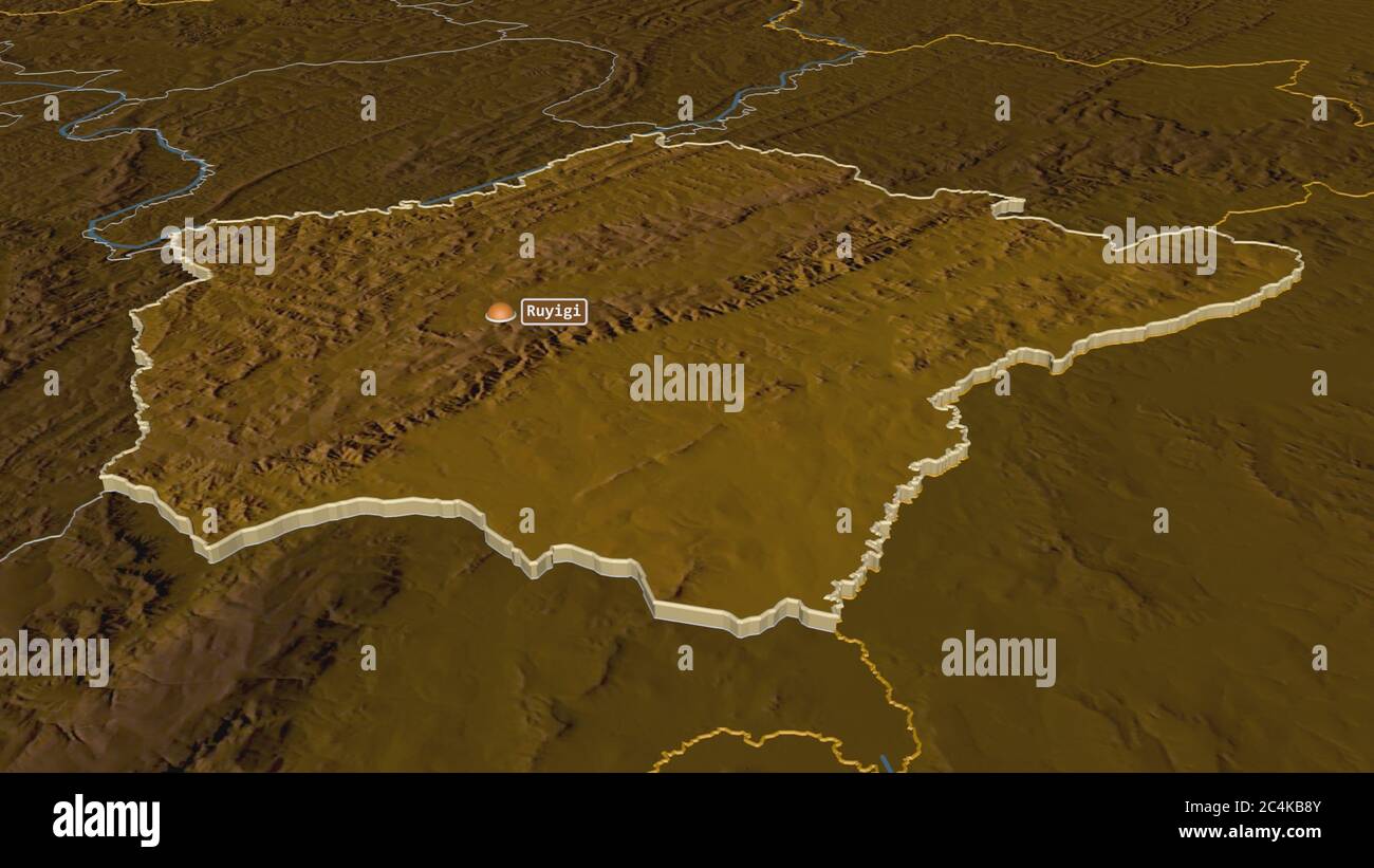 Zoom in on Ruyigi (province of Burundi) extruded. Oblique perspective ...