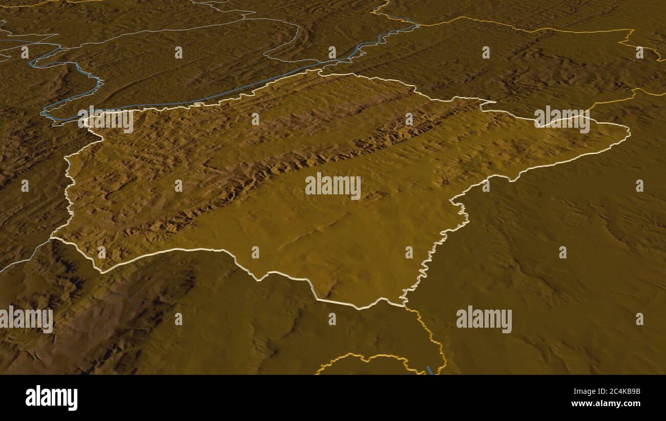 Zoom in on Ruyigi (province of Burundi) outlined. Oblique perspective ...