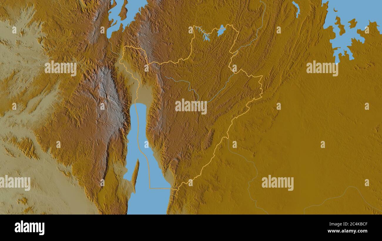 Outlined shape of the Burundi area. Topographic relief map with surface ...