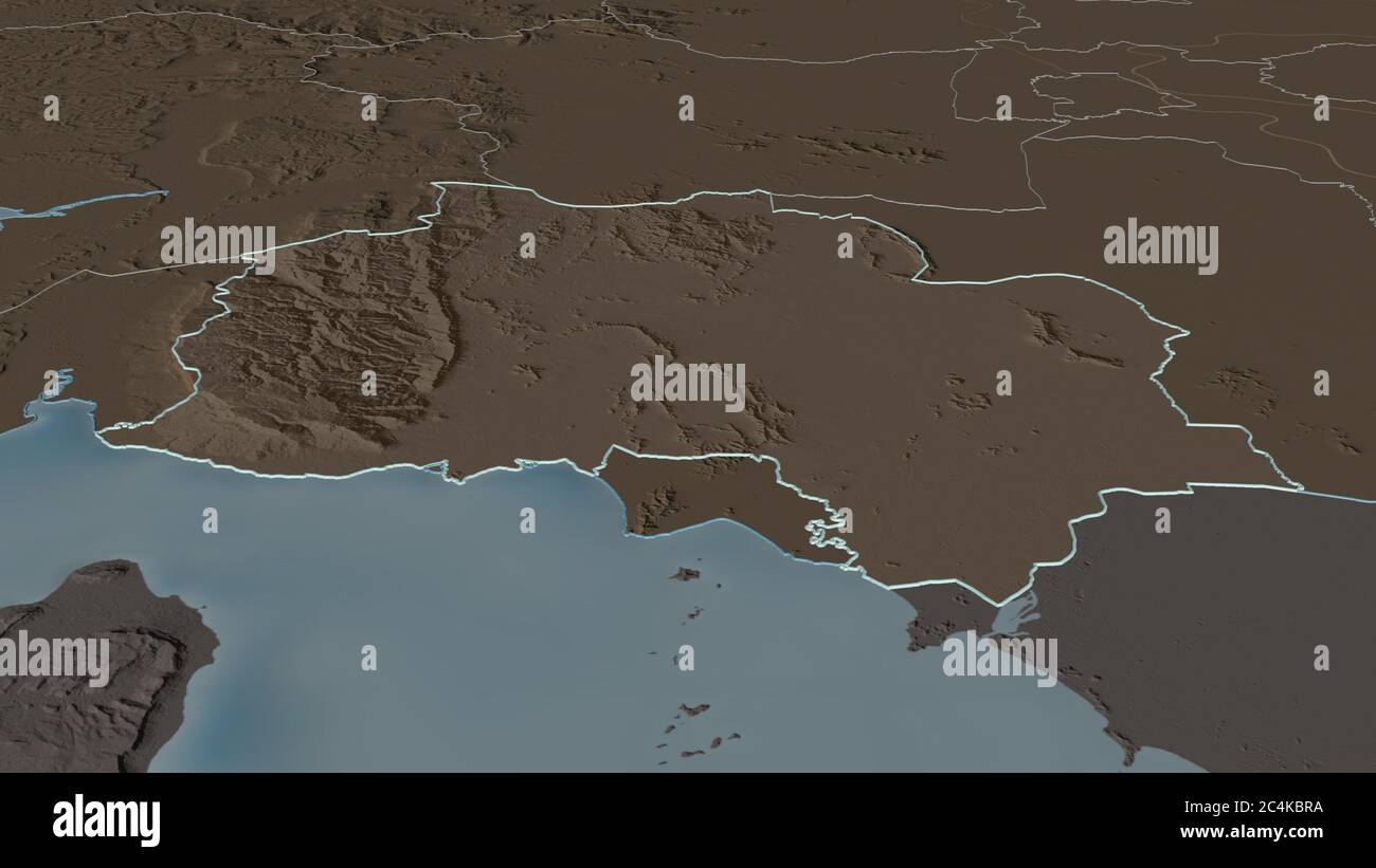 Zoom in on Kâmpôt (province of Cambodia) outlined. Oblique perspective ...