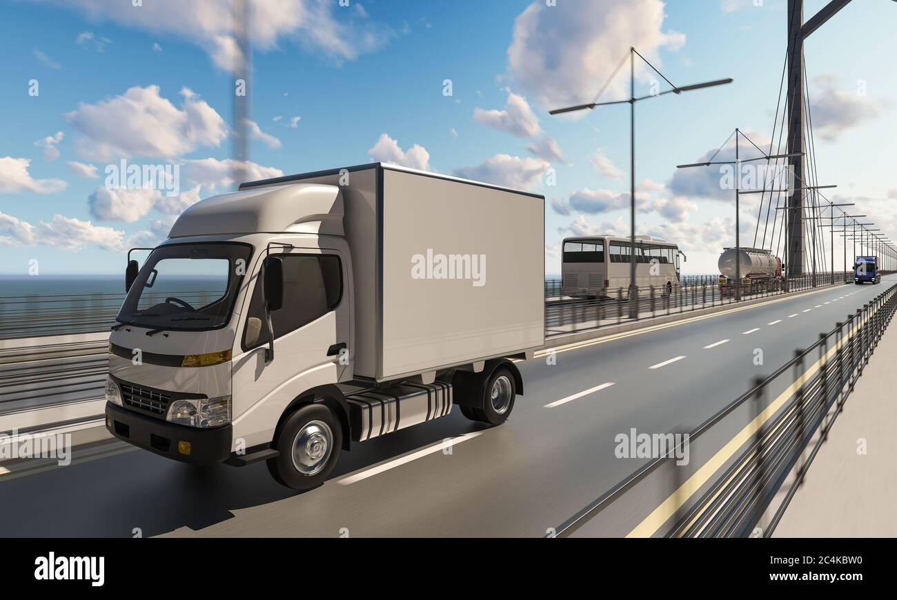 Various Commercial Vehicles Moving on Bridge at Dawn Stock Photo - Alamy