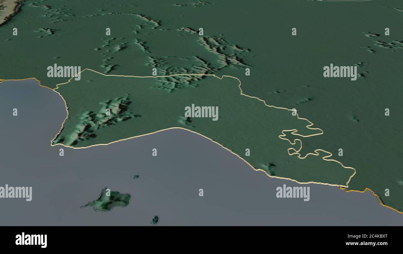 Zoom in on Kep (province of Cambodia) outlined. Oblique perspective ...