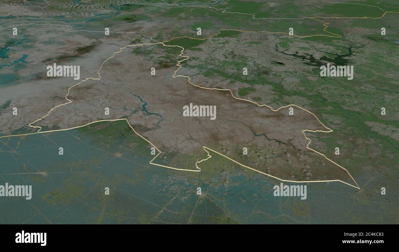 Zoom in on Svay Rieng (province of Cambodia) outlined. Oblique ...