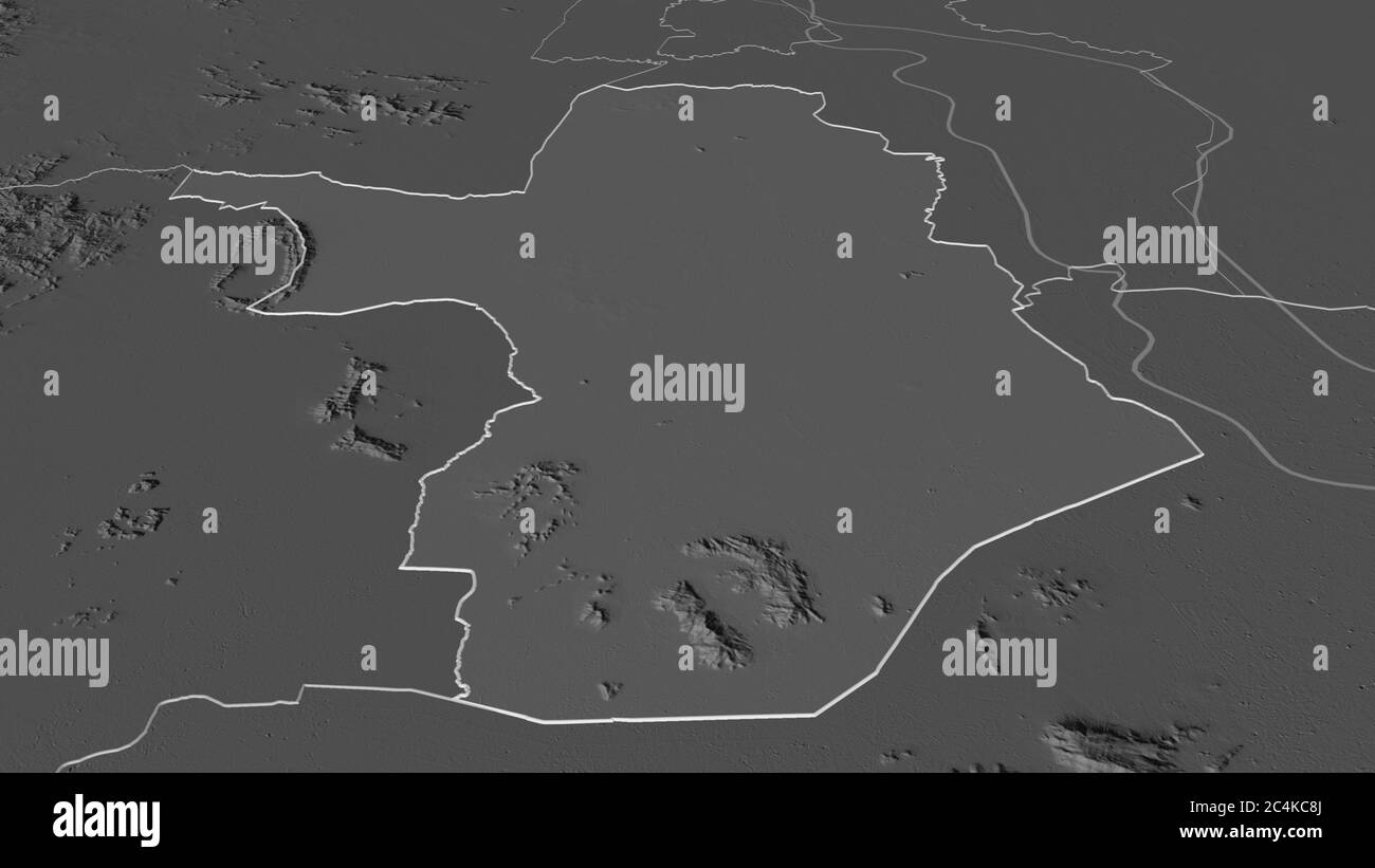 Zoom in on Takêv (province of Cambodia) outlined. Oblique perspective ...