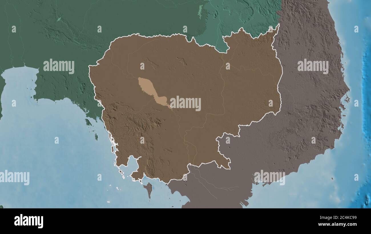 Outlined shape of the Cambodia area. Colored and bumped map of the ...