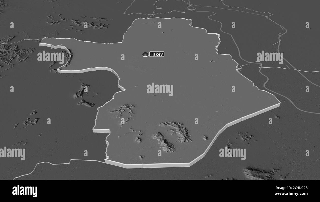 Zoom in on Takêv (province of Cambodia) extruded. Oblique perspective ...