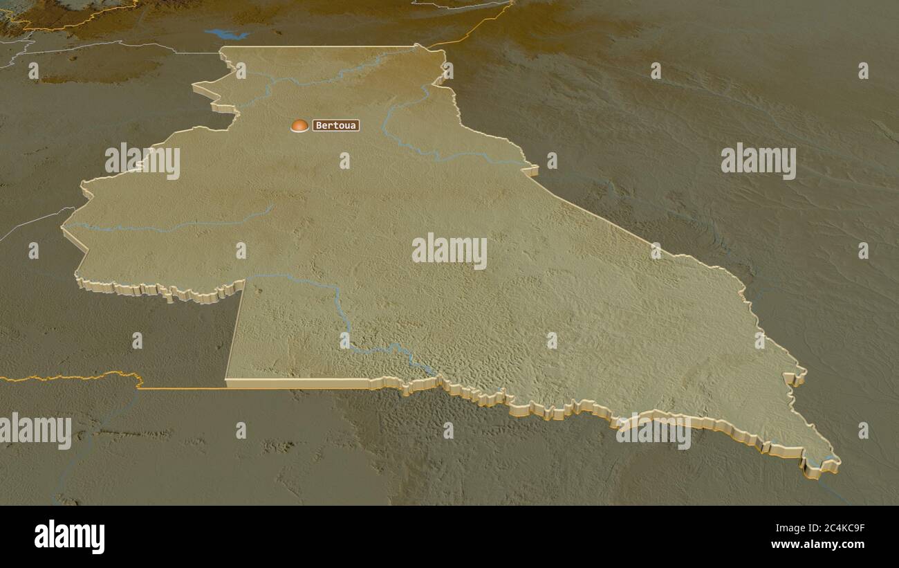 Zoom in on Est (region of Cameroon) extruded. Oblique perspective ...