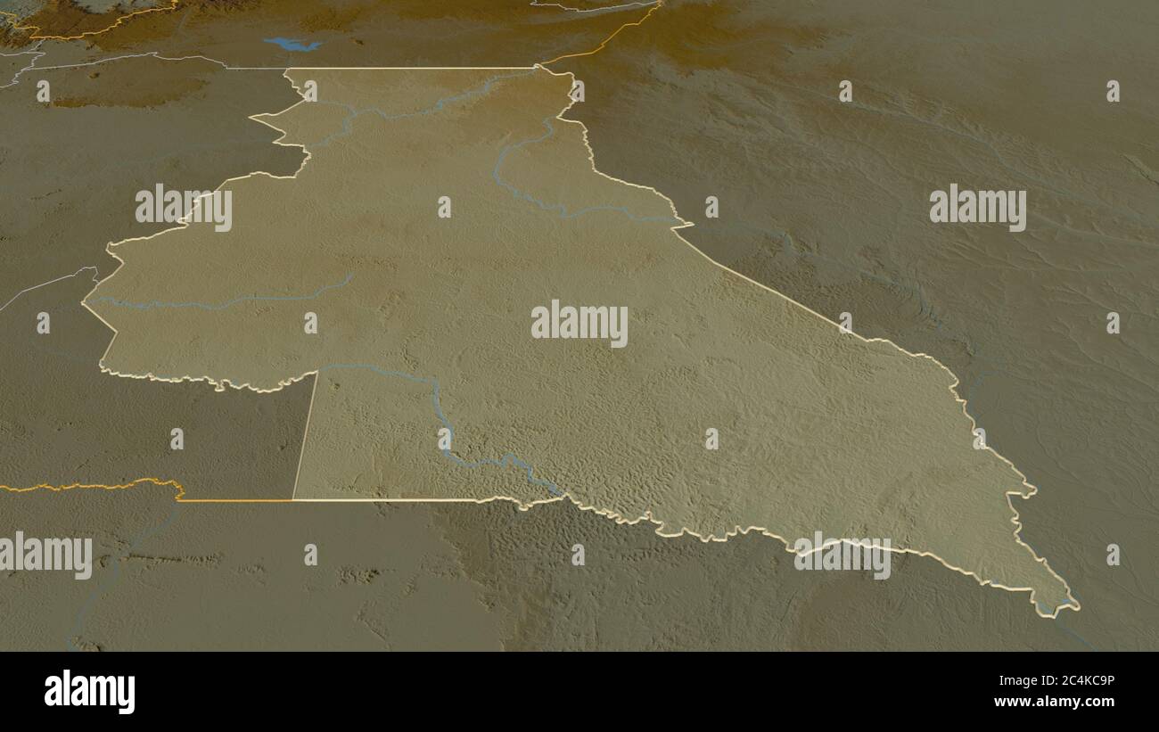 Zoom in on Est (region of Cameroon) outlined. Oblique perspective ...