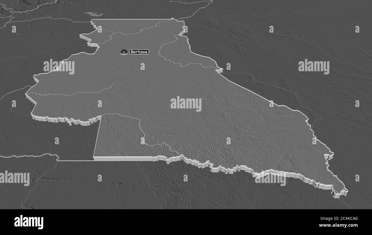 Zoom in on Est (region of Cameroon) extruded. Oblique perspective ...