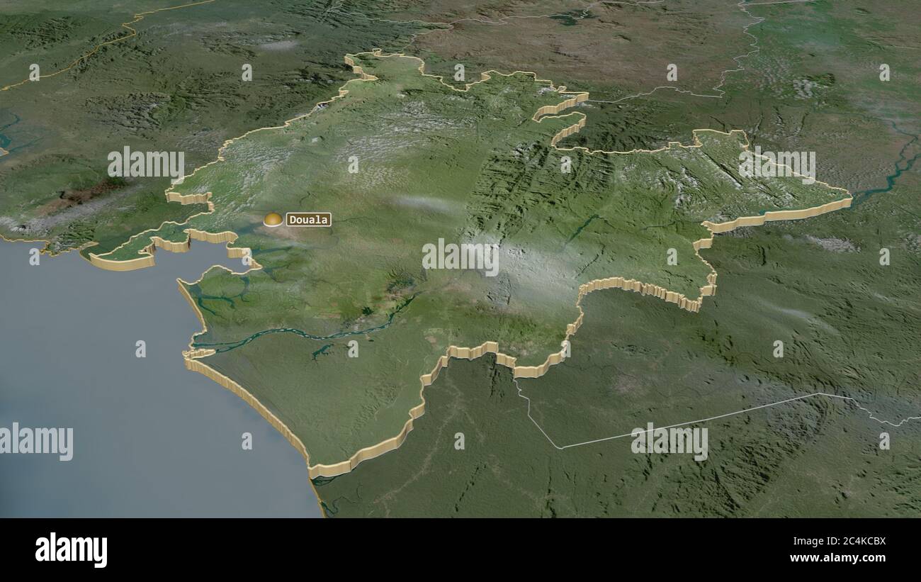 Zoom in on Littoral (region of Cameroon) extruded. Oblique perspective ...