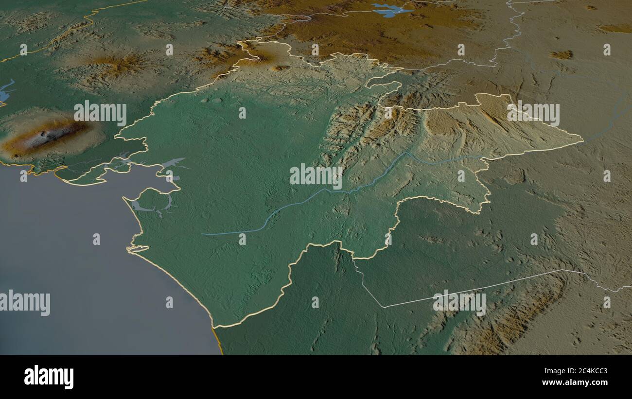 Zoom in on Littoral (region of Cameroon) outlined. Oblique perspective ...