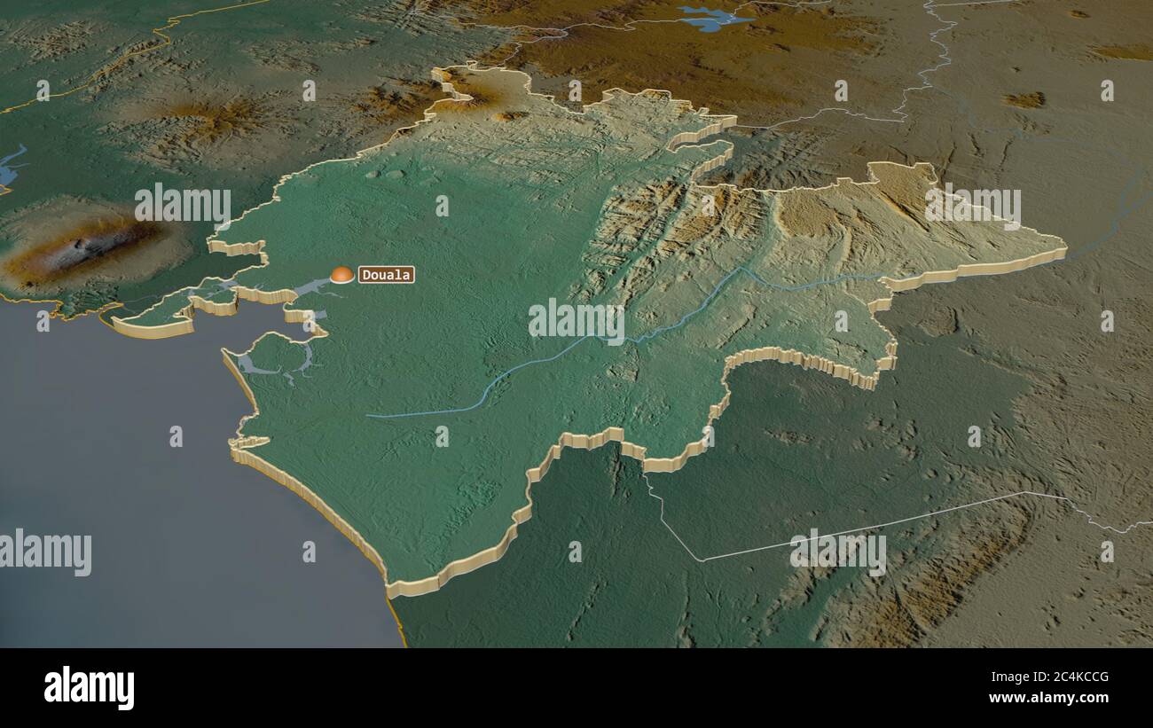 Zoom in on Littoral (region of Cameroon) extruded. Oblique perspective ...