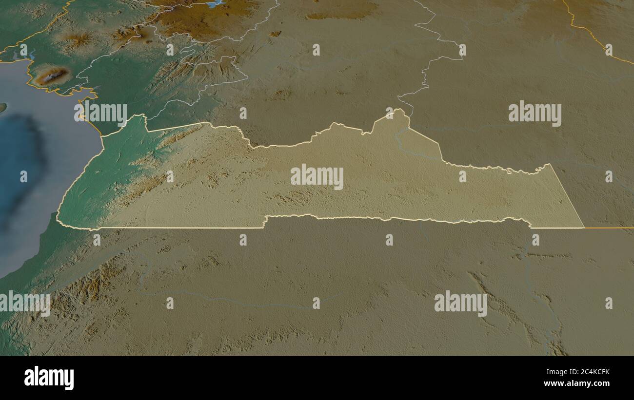 Zoom in on Sud (region of Cameroon) outlined. Oblique perspective ...