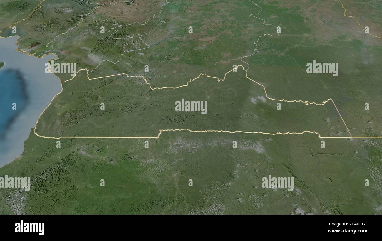 Zoom in on Sud (region of Cameroon) outlined. Oblique perspective ...