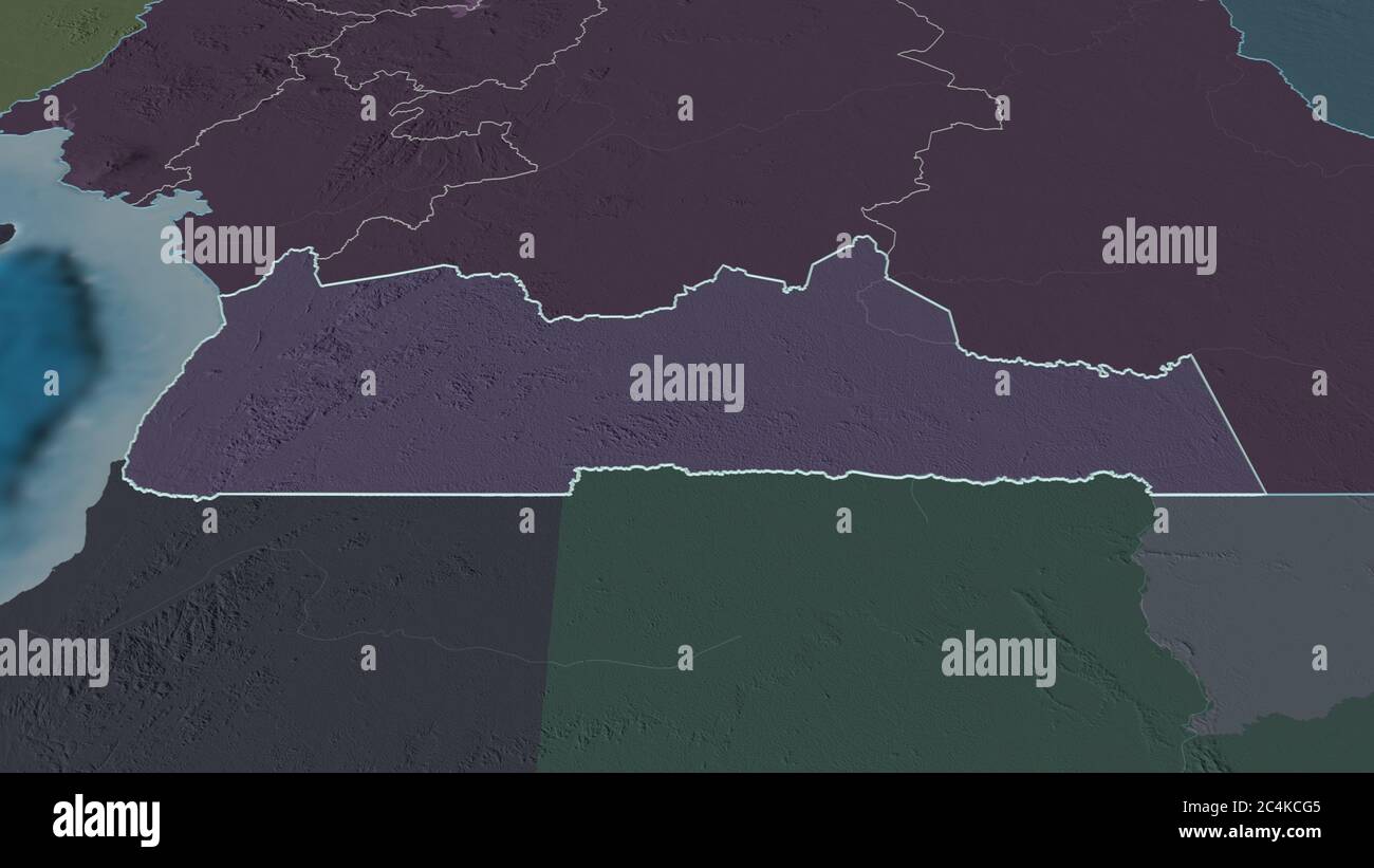 Zoom in on Sud (region of Cameroon) outlined. Oblique perspective ...