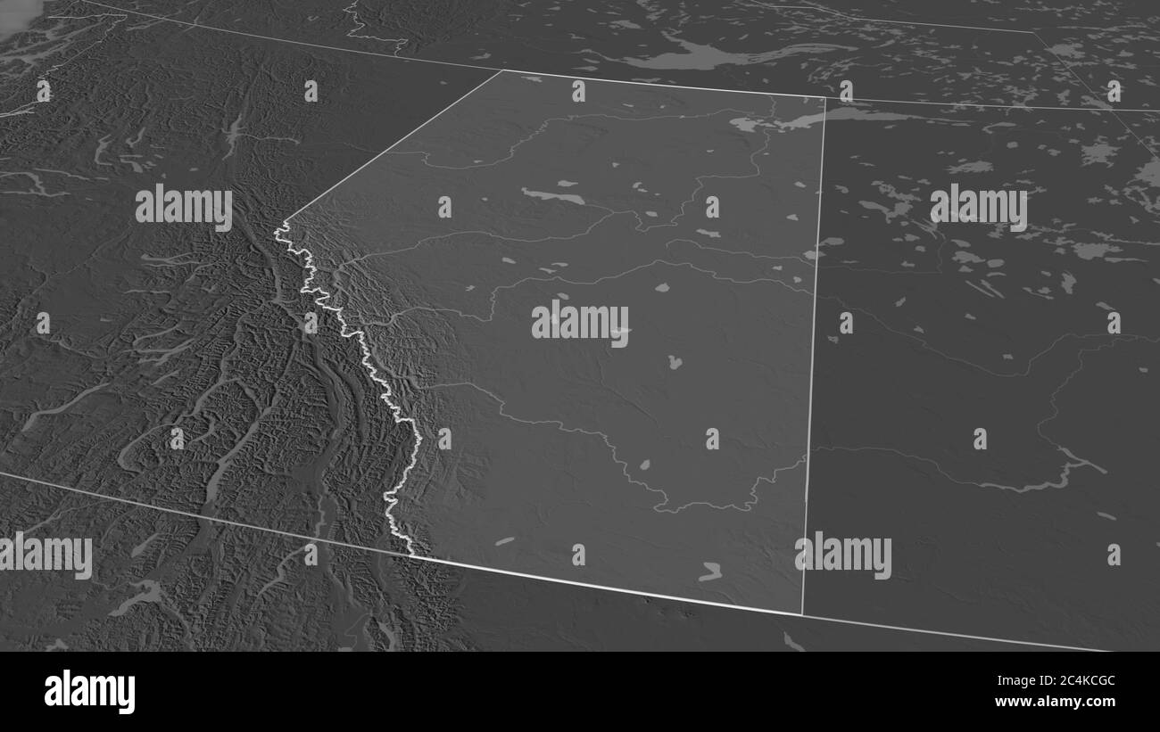 Zoom in on Alberta (province of Canada) outlined. Oblique perspective ...