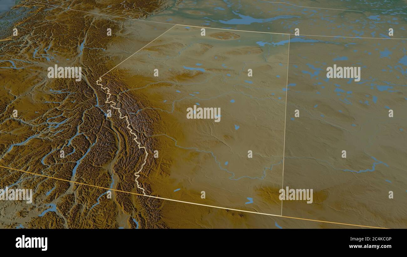 Zoom in on Alberta (province of Canada) outlined. Oblique perspective ...