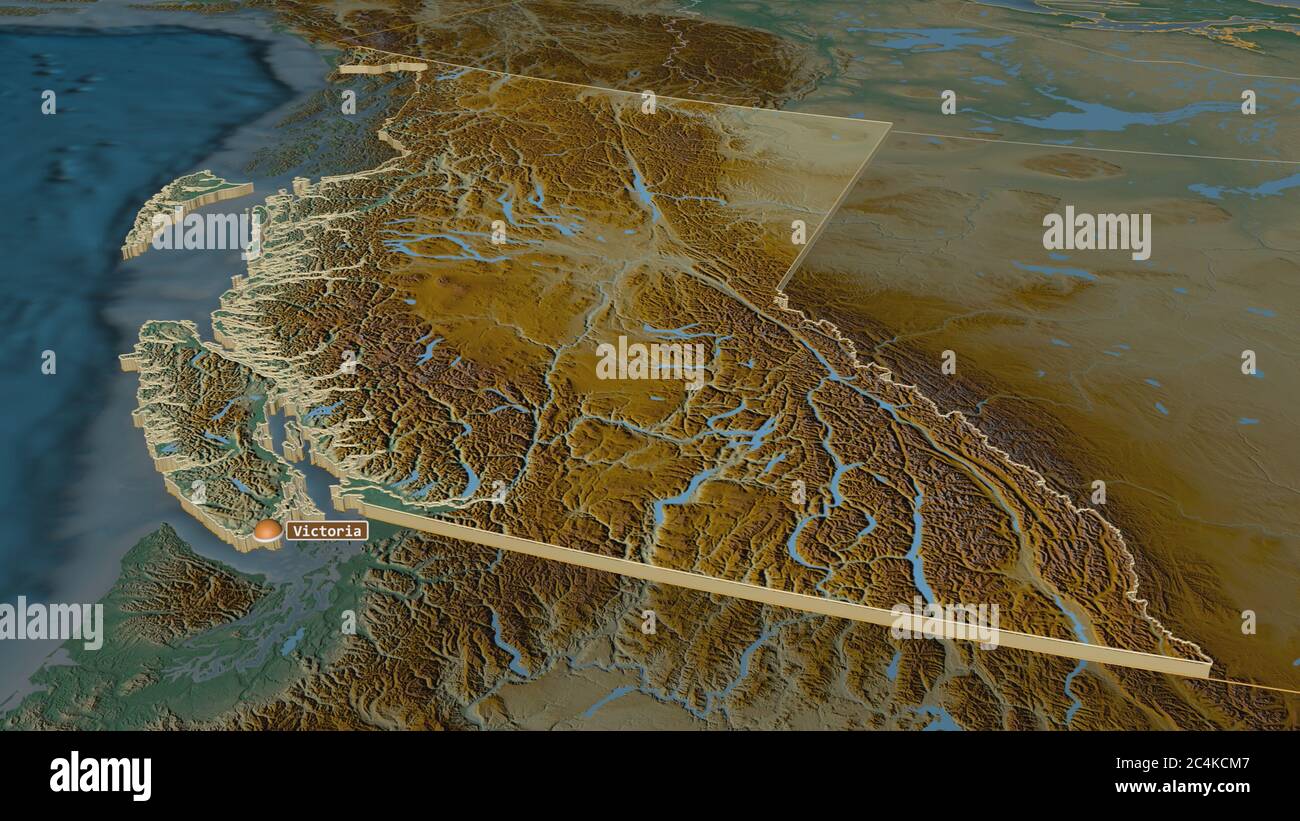 Zoom in on British Columbia (province of Canada) extruded. Oblique ...