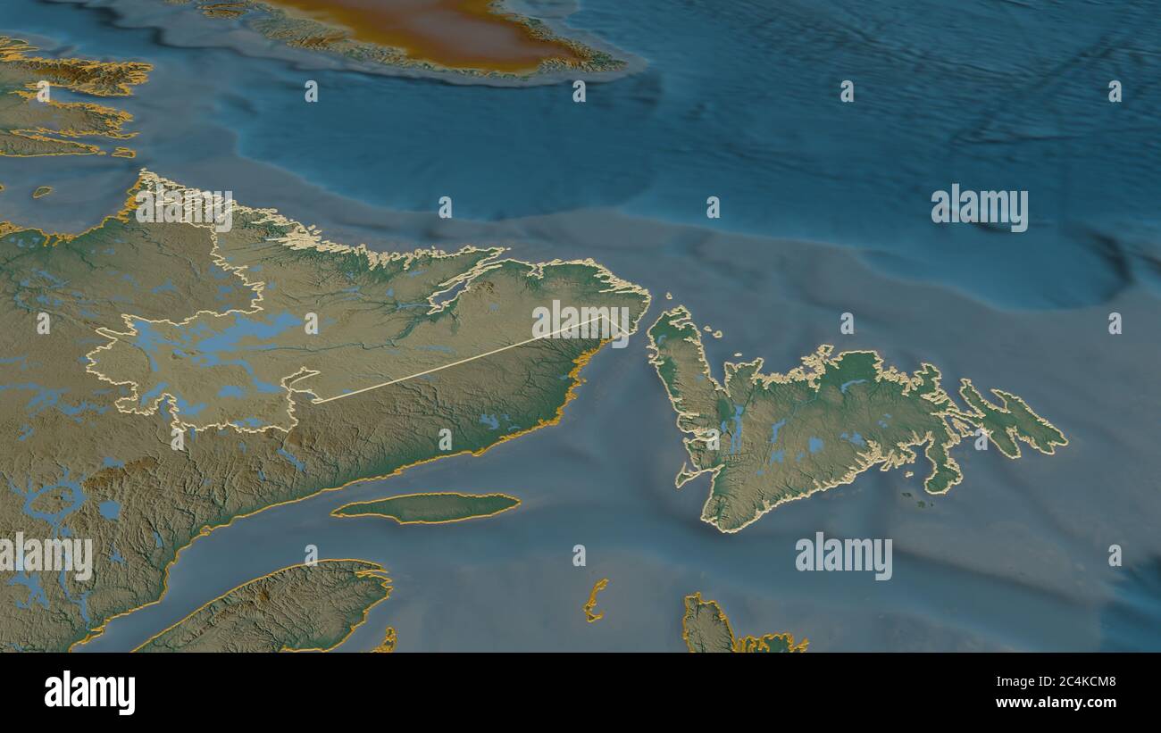 Zoom in on Newfoundland and Labrador (province of Canada) outlined. Oblique perspective ...