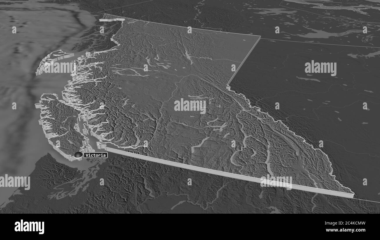 Zoom in on British Columbia (province of Canada) extruded. Oblique ...