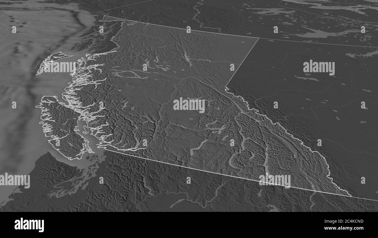 Zoom in on British Columbia (province of Canada) outlined. Oblique ...