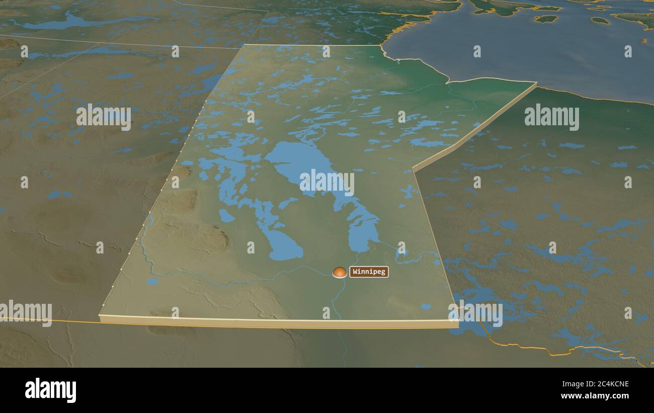 Zoom in on Manitoba (province of Canada) extruded. Oblique perspective ...