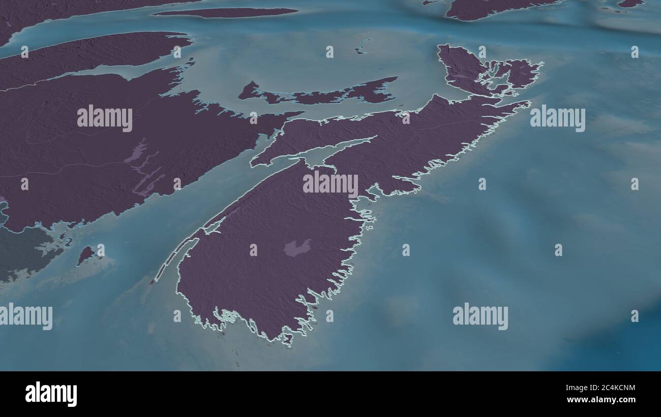 Zoom in on Nova Scotia (province of Canada) outlined. Oblique ...