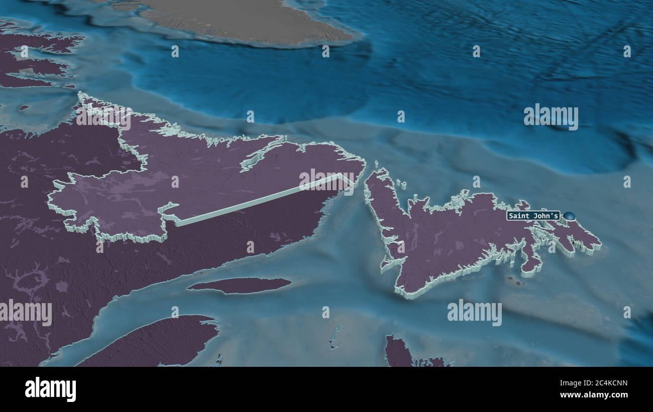 Zoom in on Newfoundland and Labrador (province of Canada) extruded ...