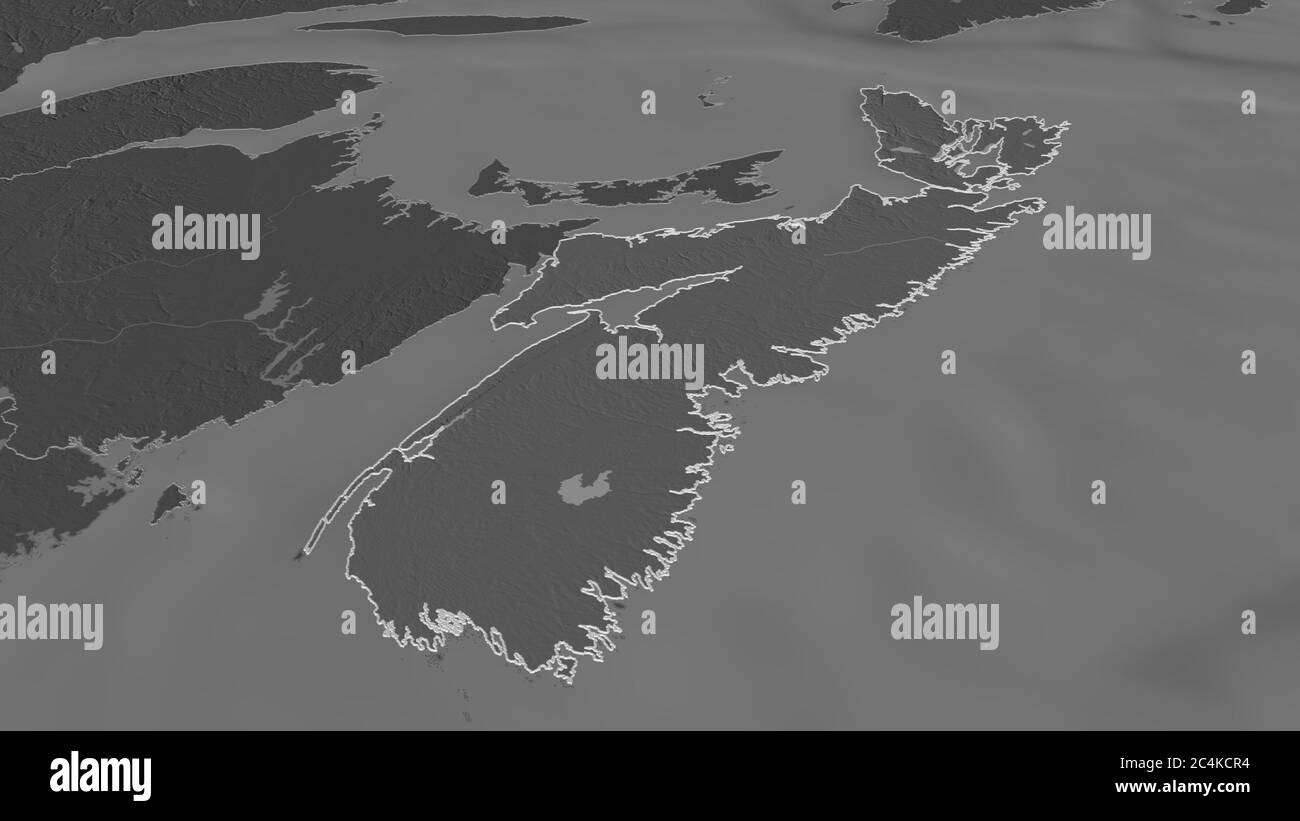Zoom in on Nova Scotia (province of Canada) outlined. Oblique ...