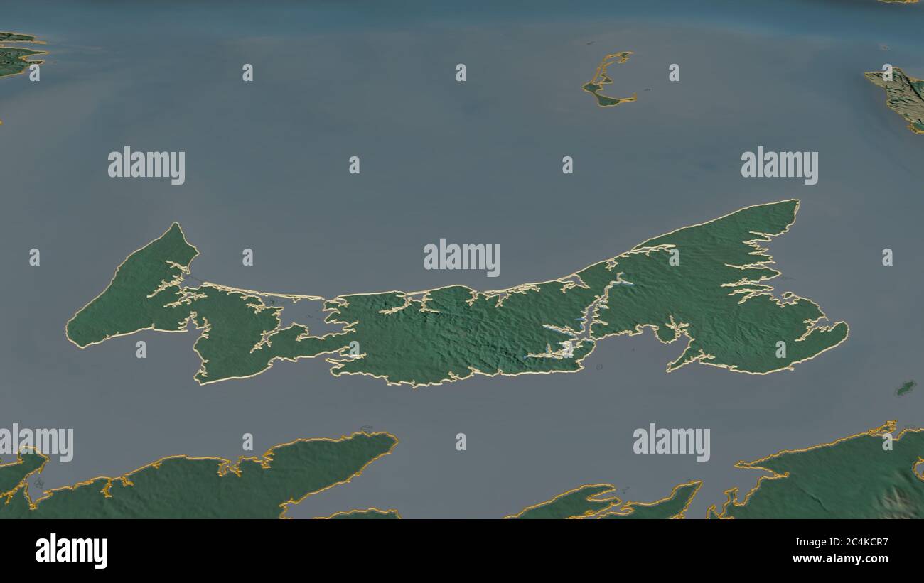 Zoom in on Prince Edward Island (province of Canada) outlined. Oblique ...