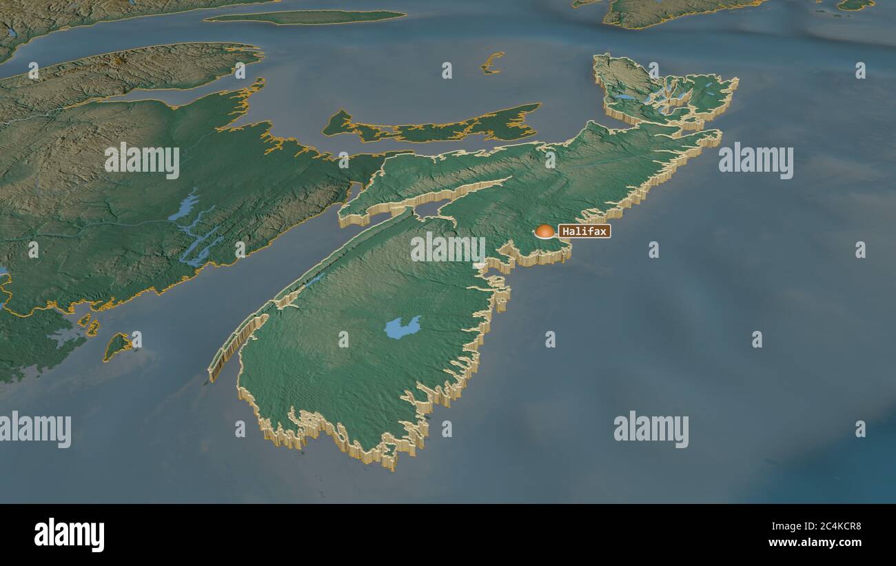 Zoom in on Nova Scotia (province of Canada) extruded. Oblique ...