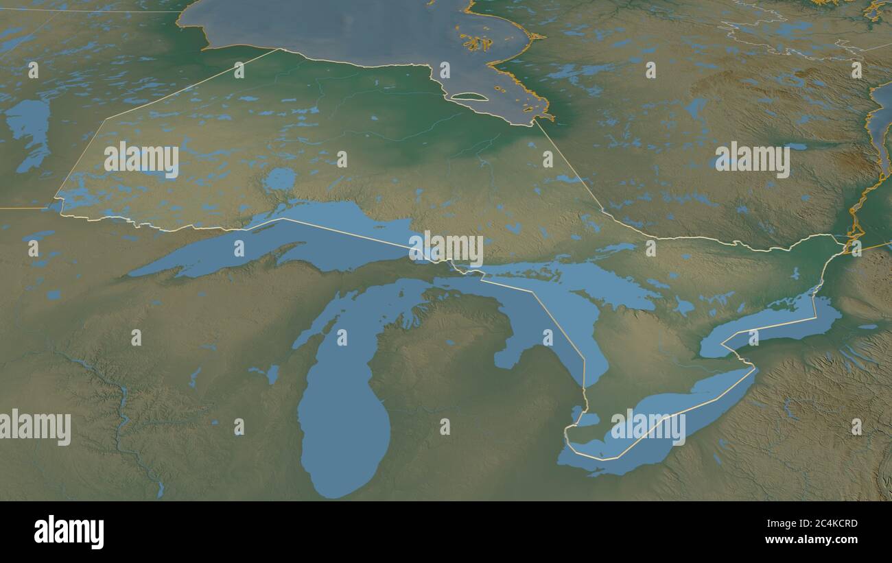 Zoom in on Ontario (province of Canada) outlined. Oblique perspective ...