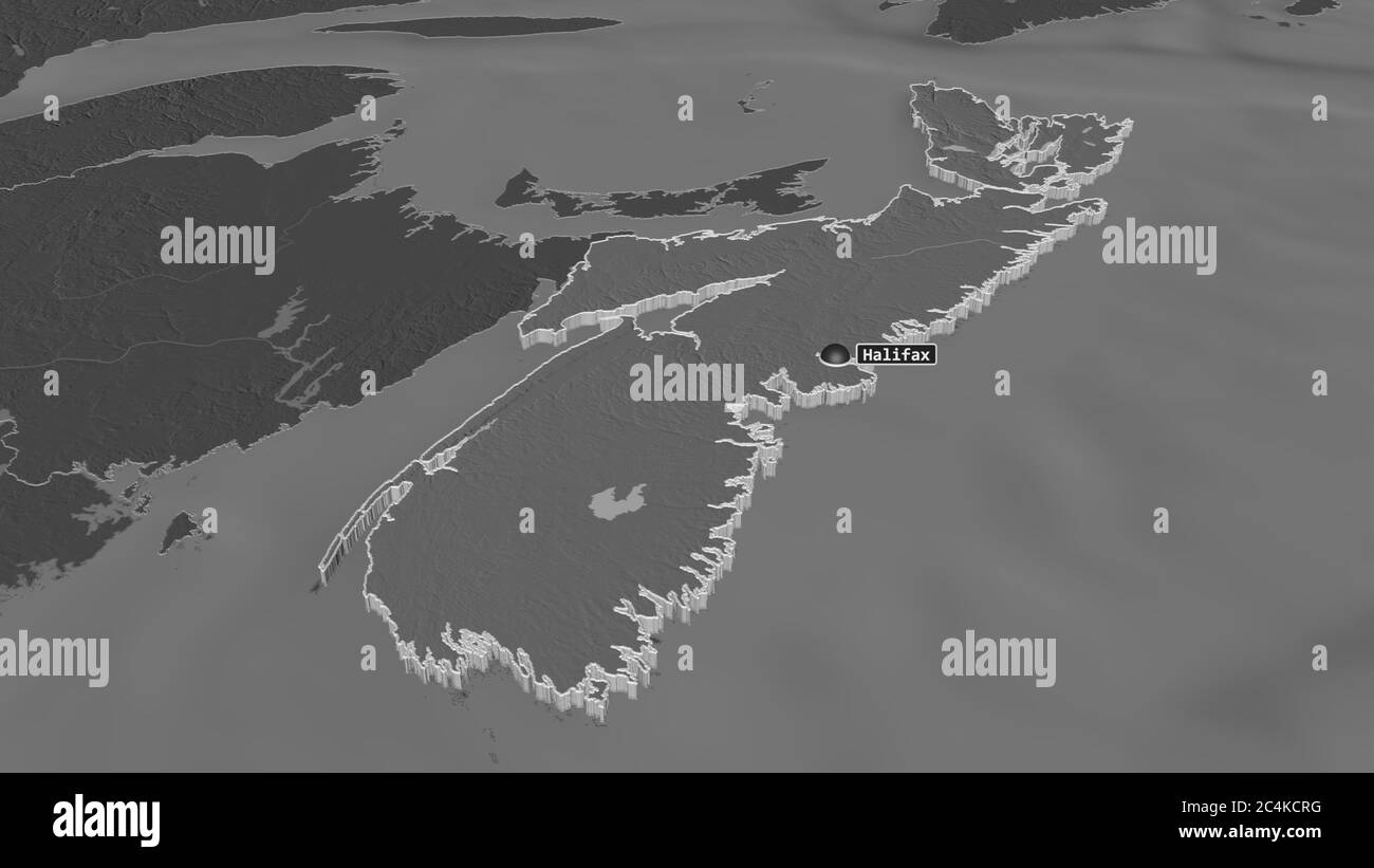 Zoom in on Nova Scotia (province of Canada) extruded. Oblique ...