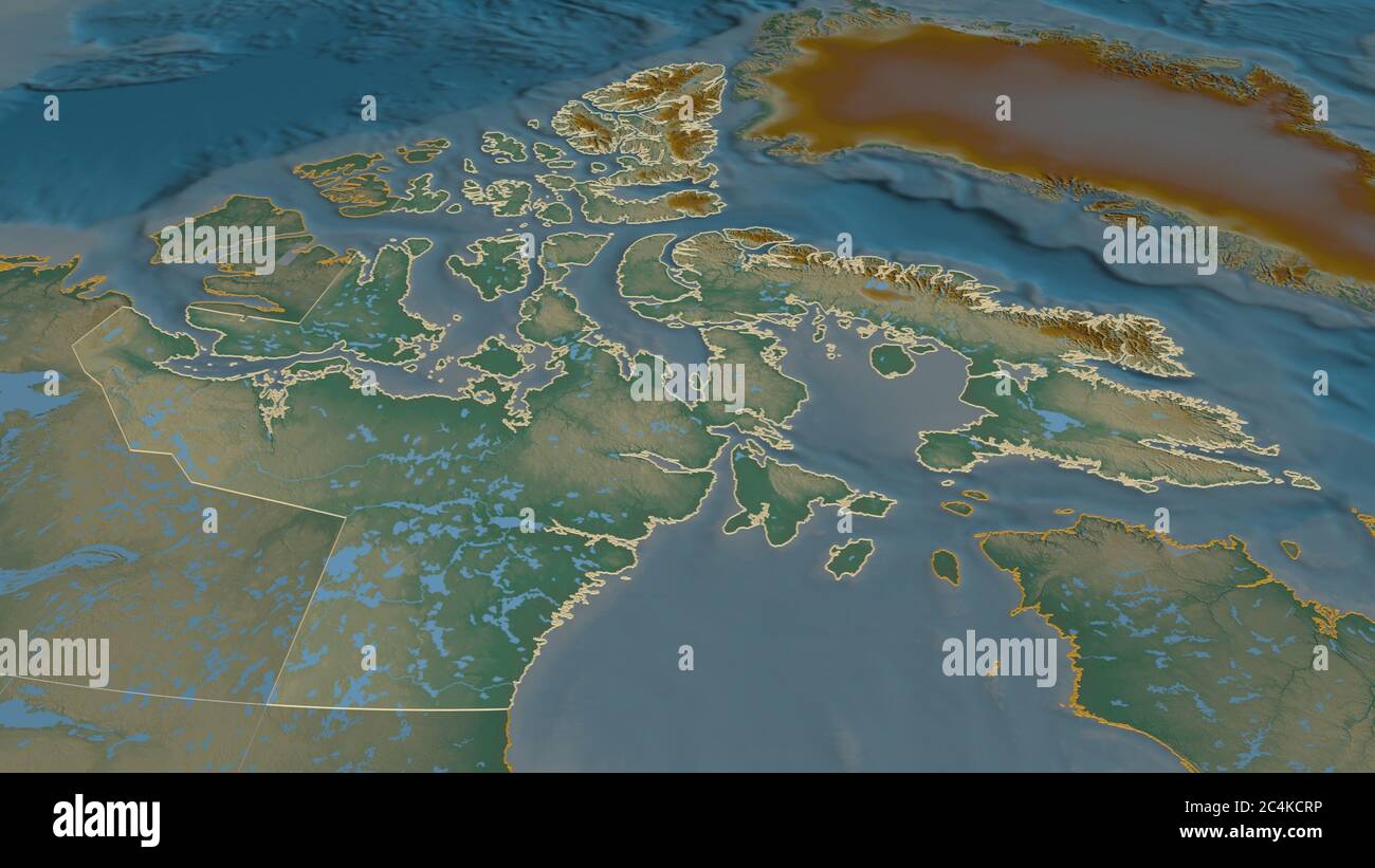 Zoom in on Nunavut (territory of Canada) outlined. Oblique perspective ...