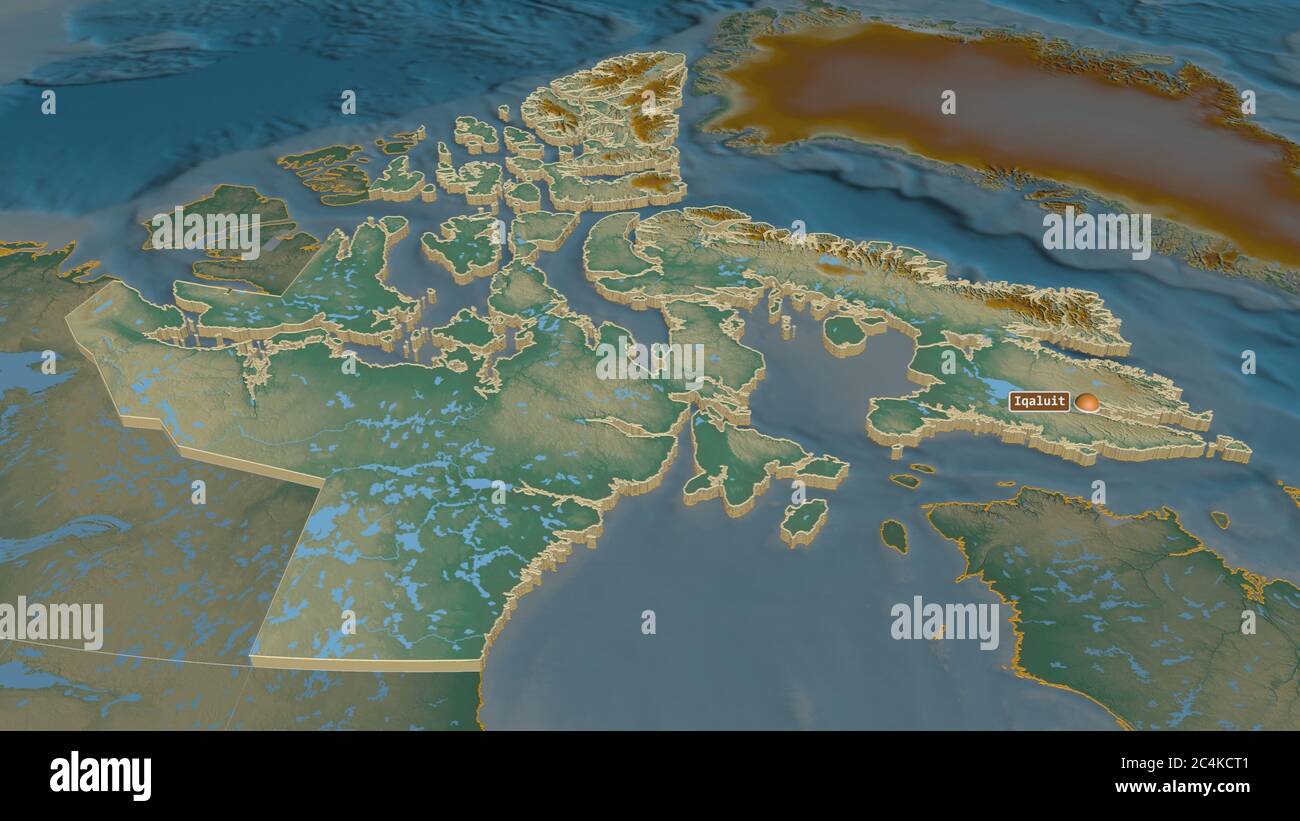 Zoom in on Nunavut (territory of Canada) extruded. Oblique perspective ...