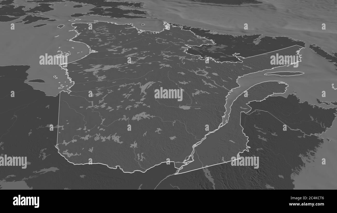 Zoom in on Québec (province of Canada) outlined. Oblique perspective ...