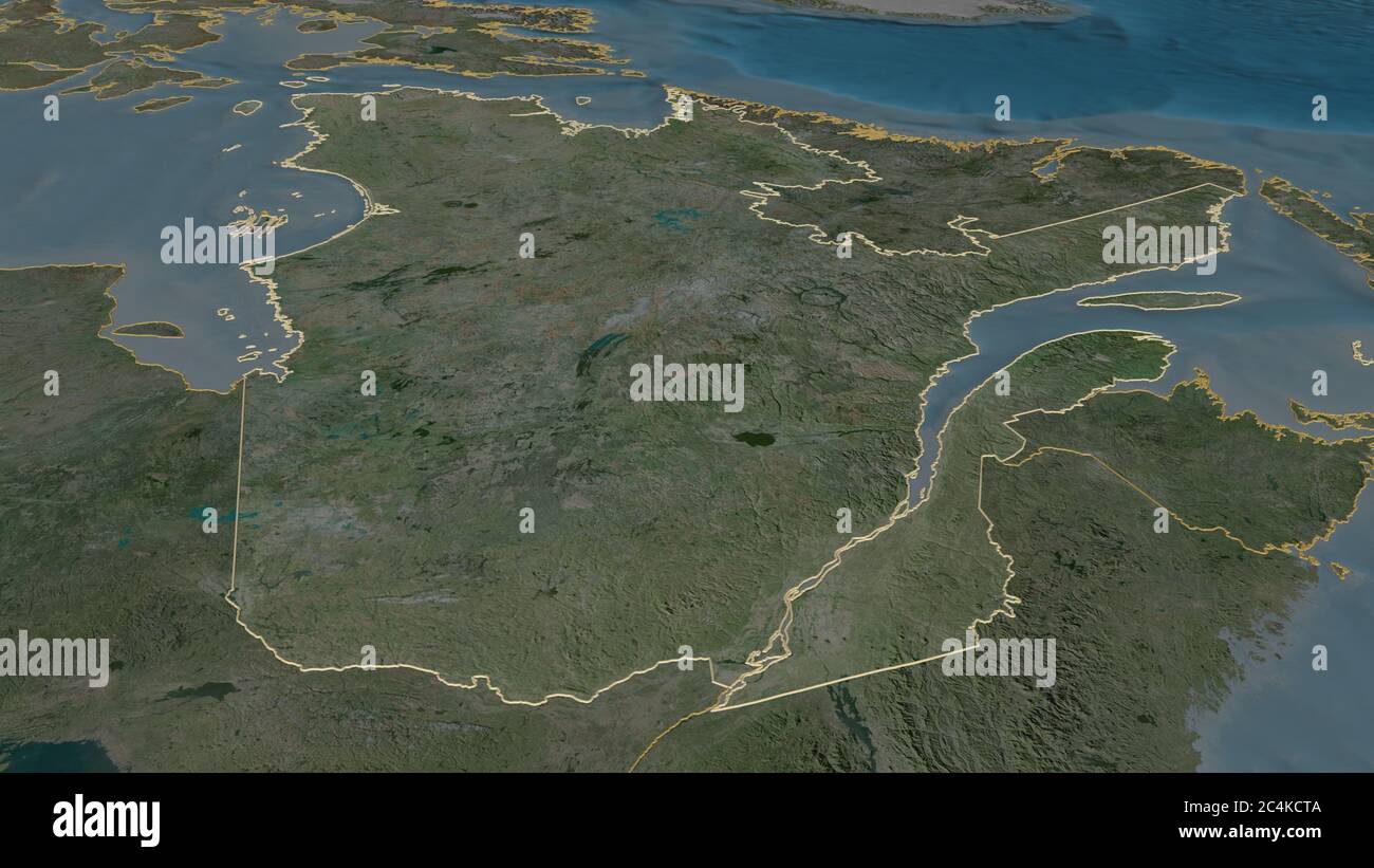 Zoom in on Québec (province of Canada) outlined. Oblique perspective ...